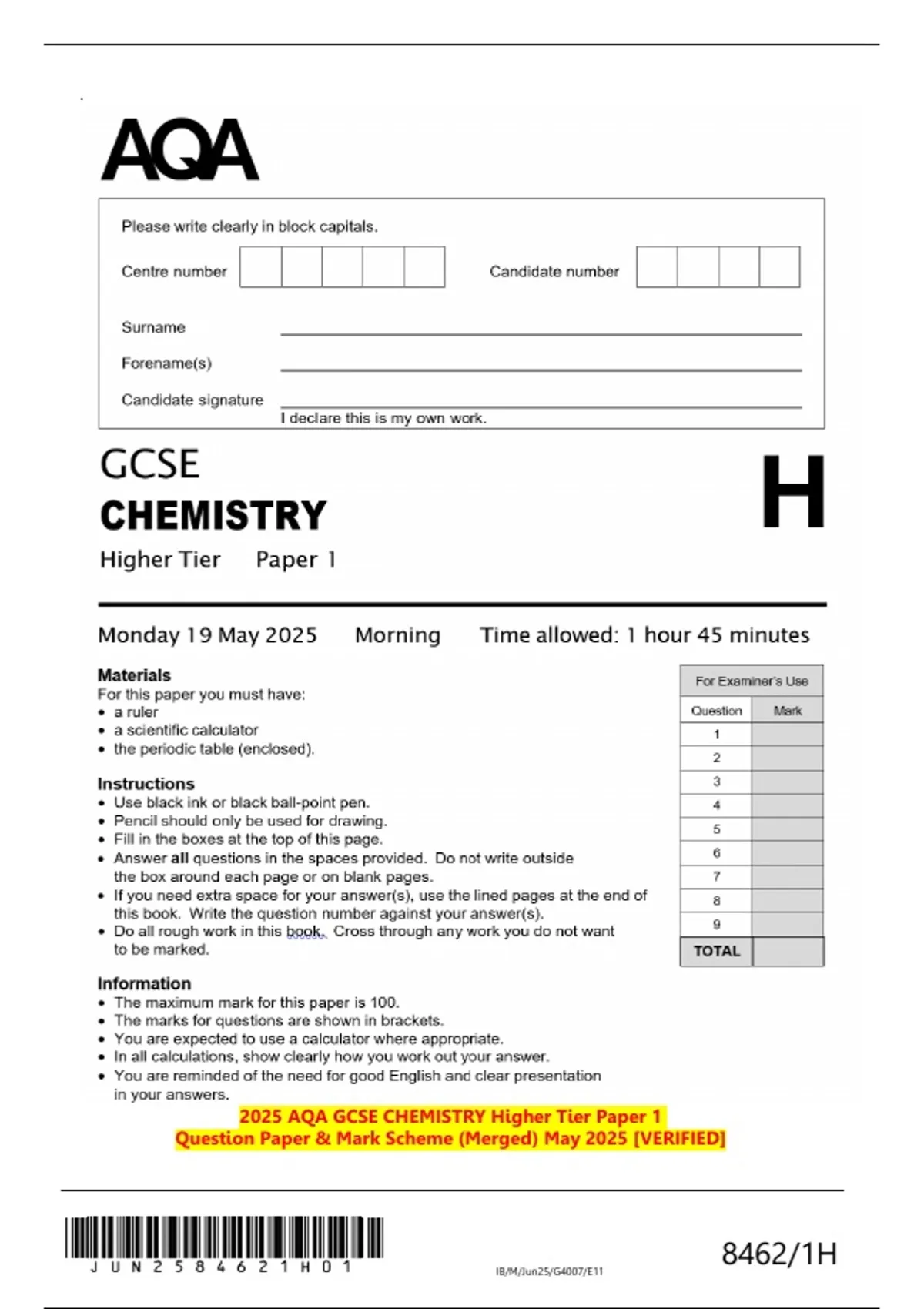 2025 AQA GCSE CHEMISTRY Higher Tier Paper 1 Question Paper & Mark ...