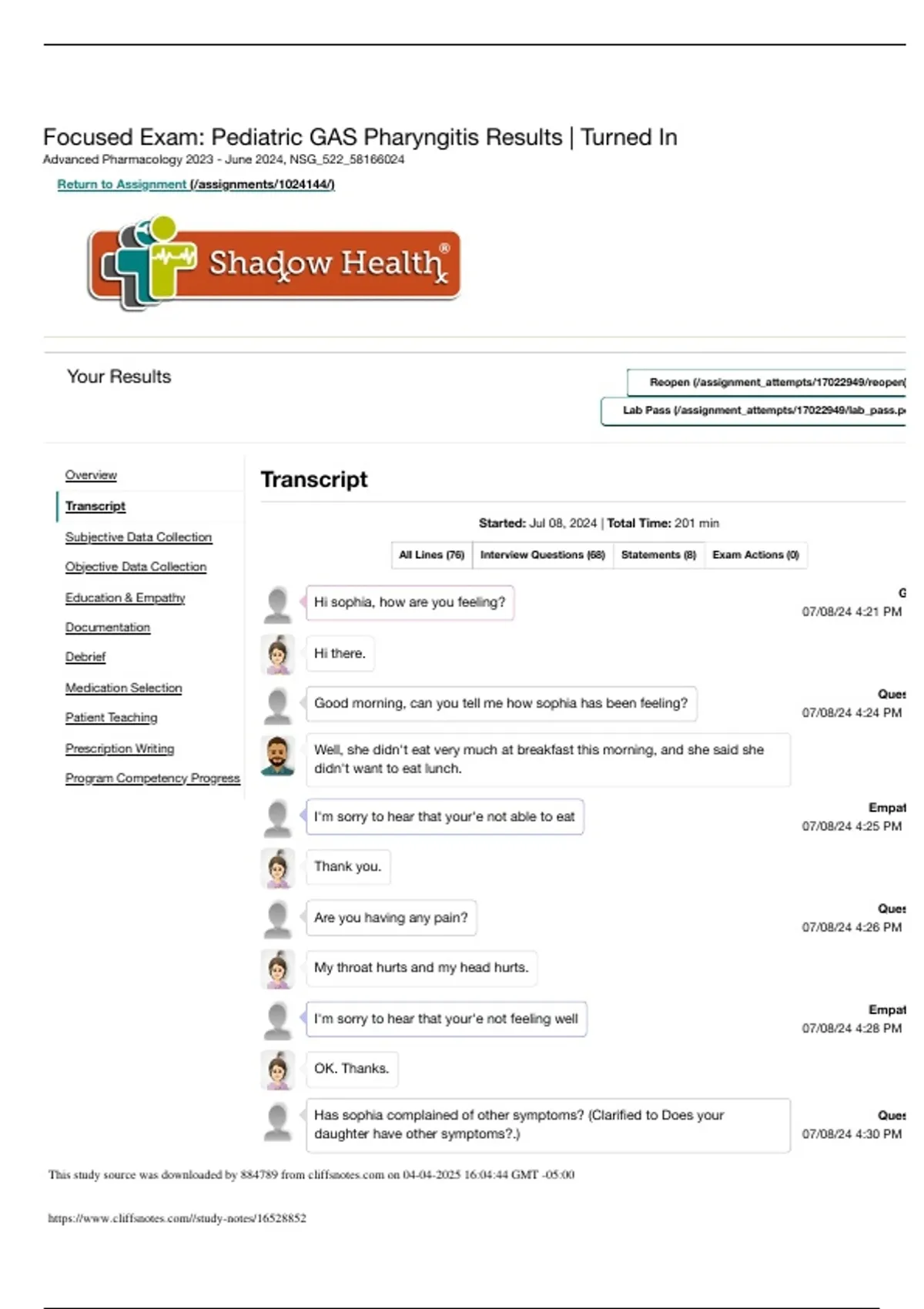 Sophia Haddad Shadow Health Digital Clinical Experiences (Elsevier ...