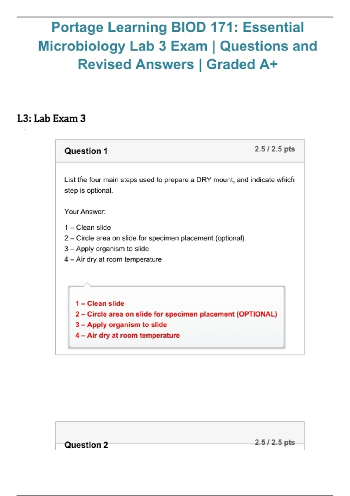 Portage Learning BIOD 171 Essential Microbiology 2026/2027 – Lab 3 Exam ...