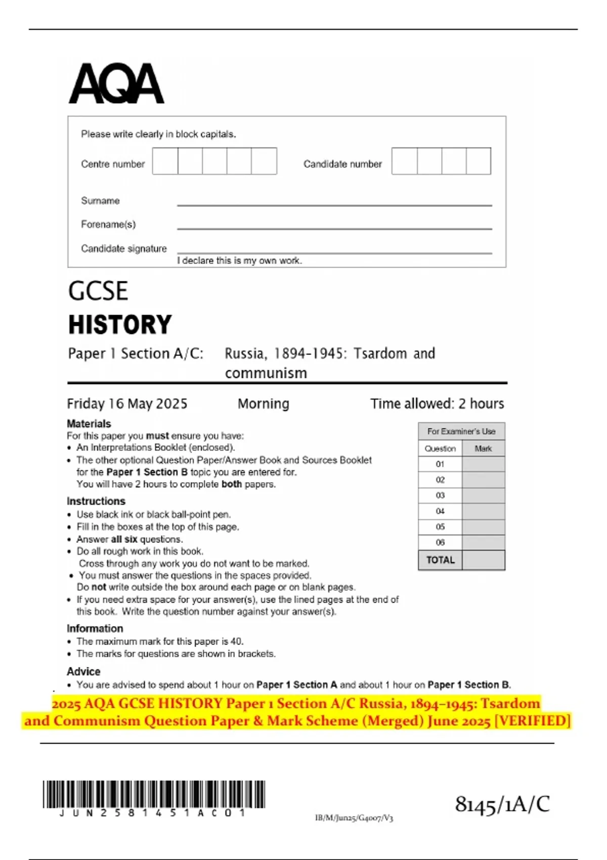 2025 AQA GCSE HISTORY Paper 1 Section A/C Russia, 1894–1945: Tsardom ...
