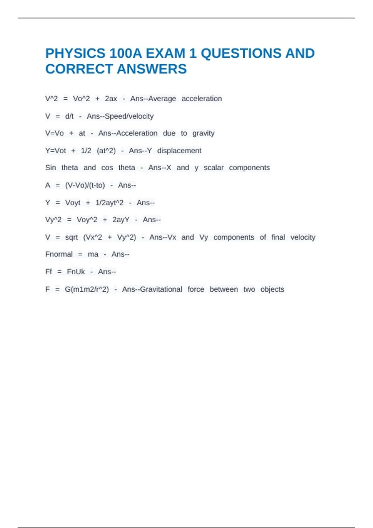 PHYSICS 100 EXAM 1 - LAWS AND FORMULAS QUESTIONS AND CORRECT ANSWERS ...
