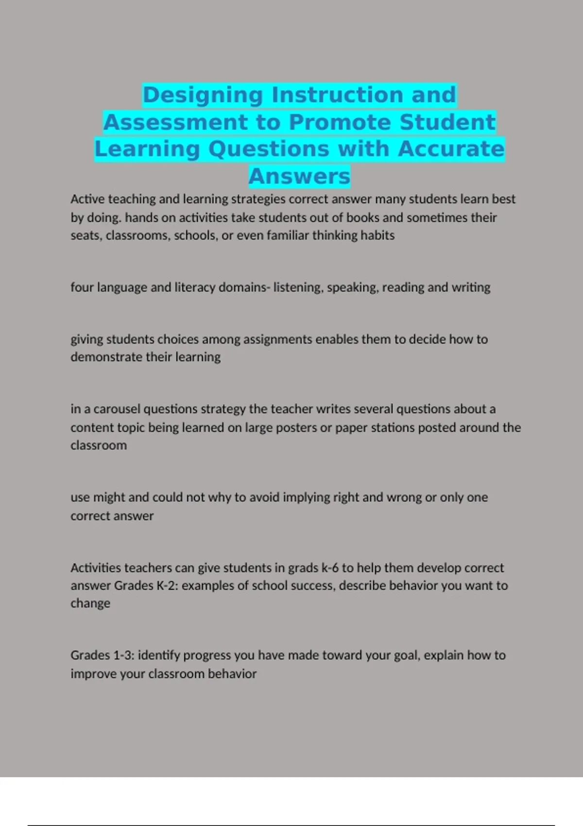 Designing Instruction and Assessment to Promote Student Learning ...