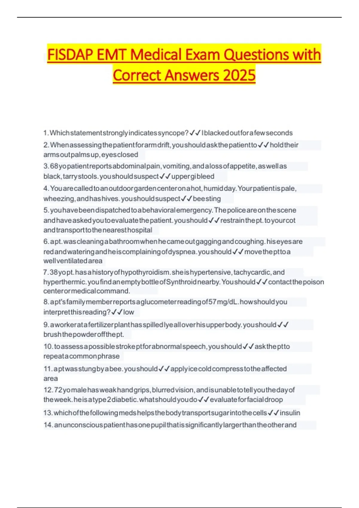EMT study guide, FISDAP exam questions, NREMT prep 2025, EMT medical ...