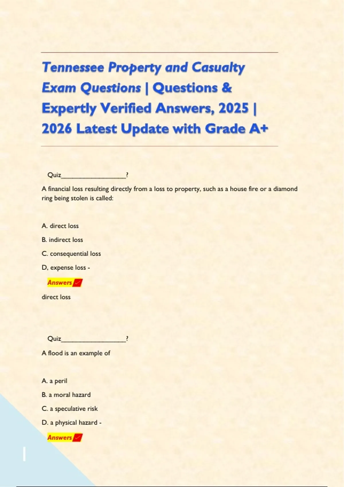 Tennessee Property and Casualty Exam Questions | Questions & Expertly ...