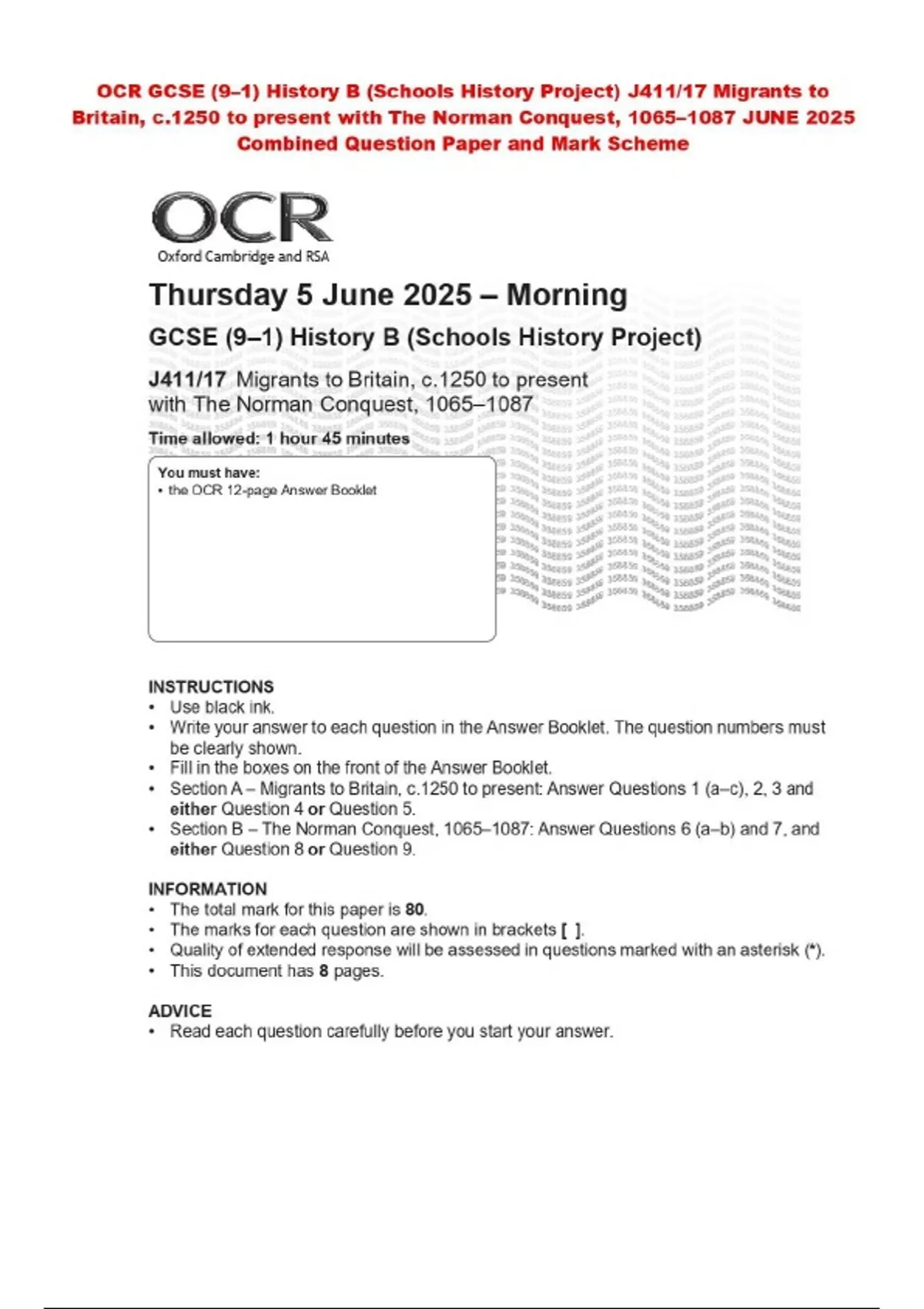OCR GCSE (9–1) History B (Schools History Project) J411/17 Migrants to ...