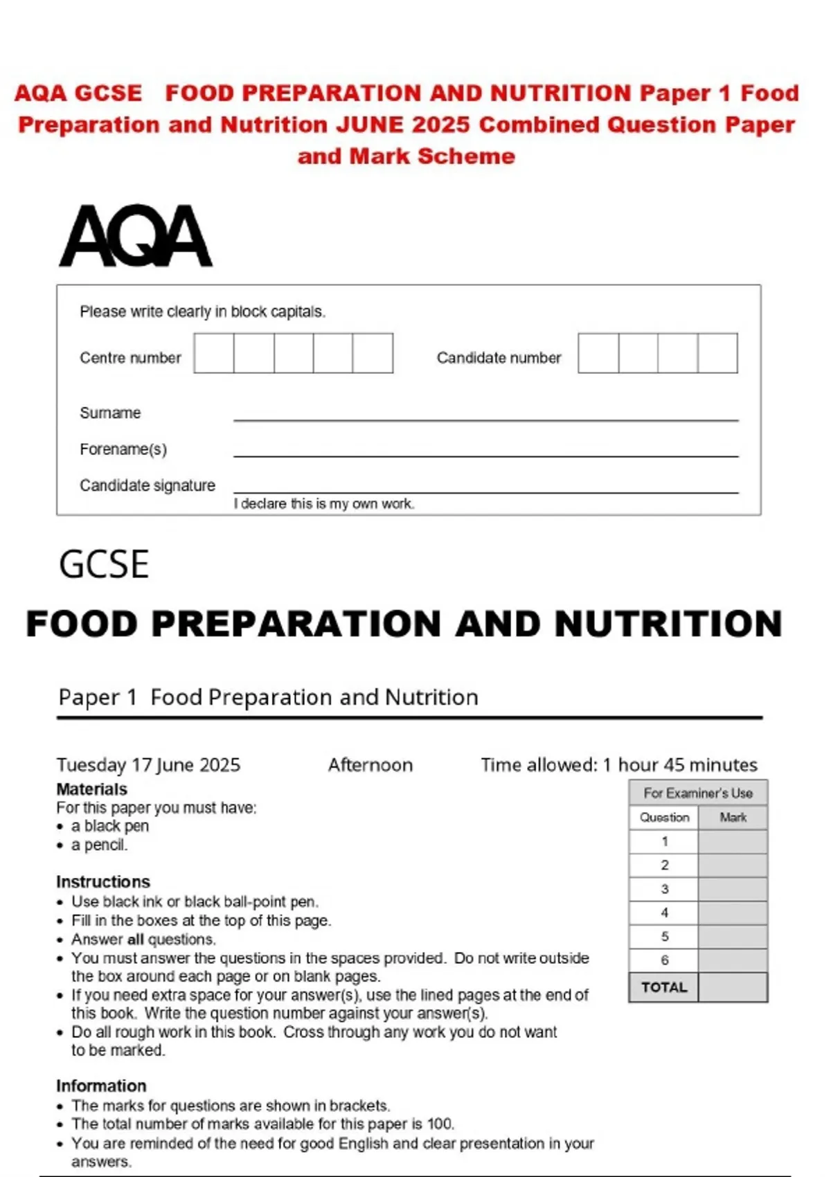 AQA GCSE FOOD PREPARATION AND NUTRITION Paper 1 Food Preparation and ...