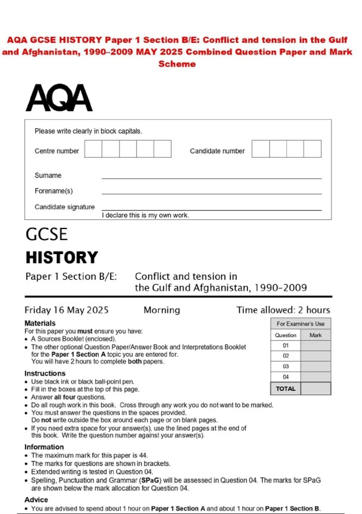 AQA GCSE HISTORY Paper 1 Section B/E: Conflict and tension in the Gulf ...