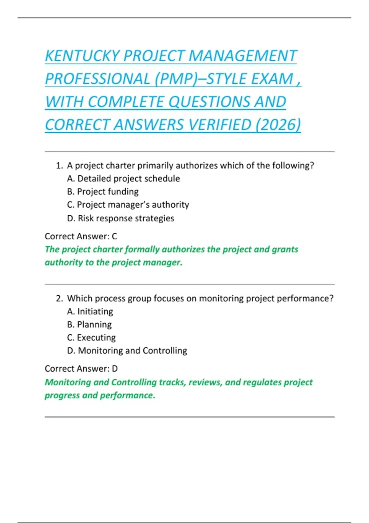 KENTUCKY PROJECT MANAGEMENT PROFESSIONAL (PMP)–STYLE EXAM , WITH ...