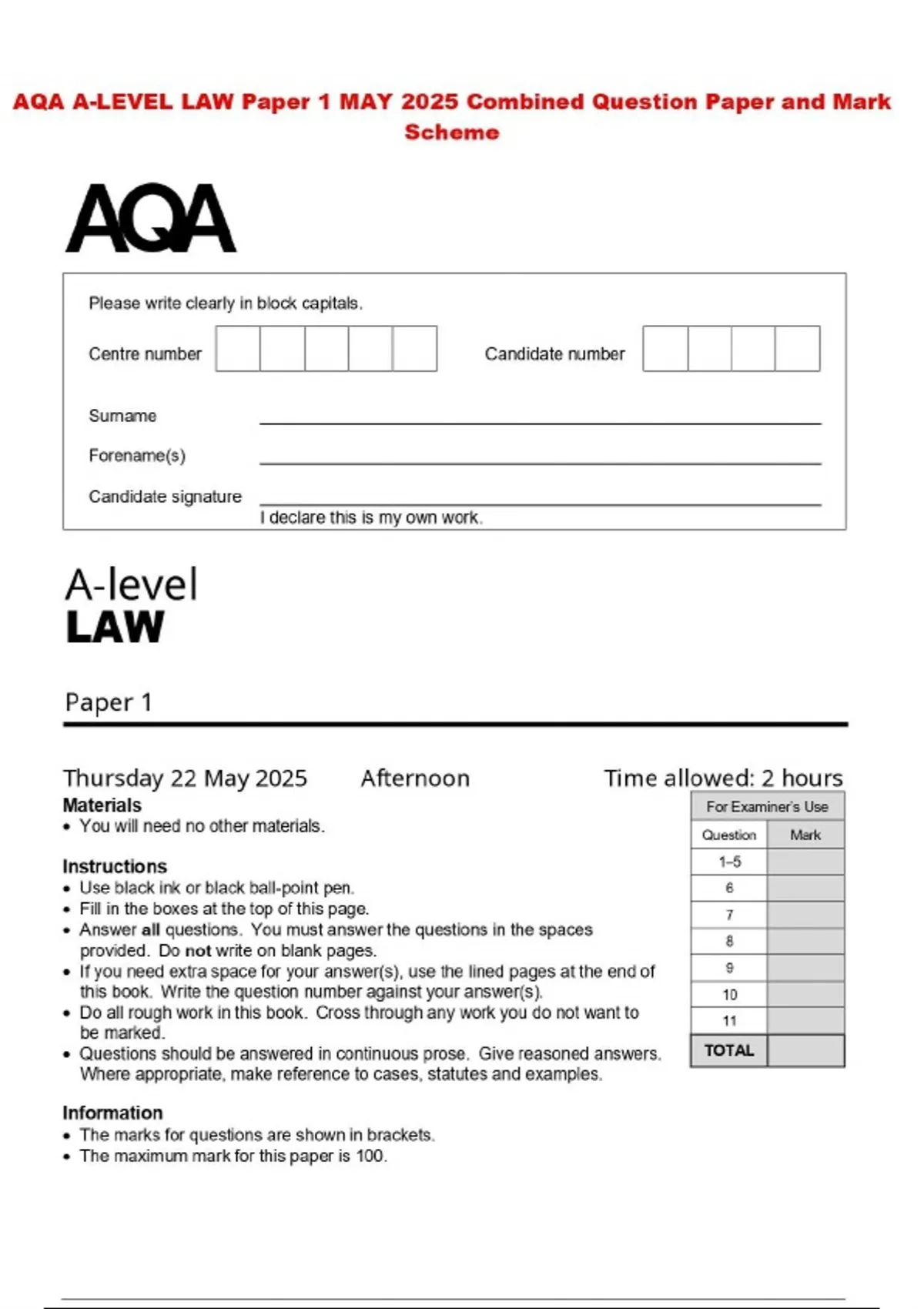 BUNDLE ::: AQA A-LEVEL LAW Question Paper with Mark Scheme / 2025 ...