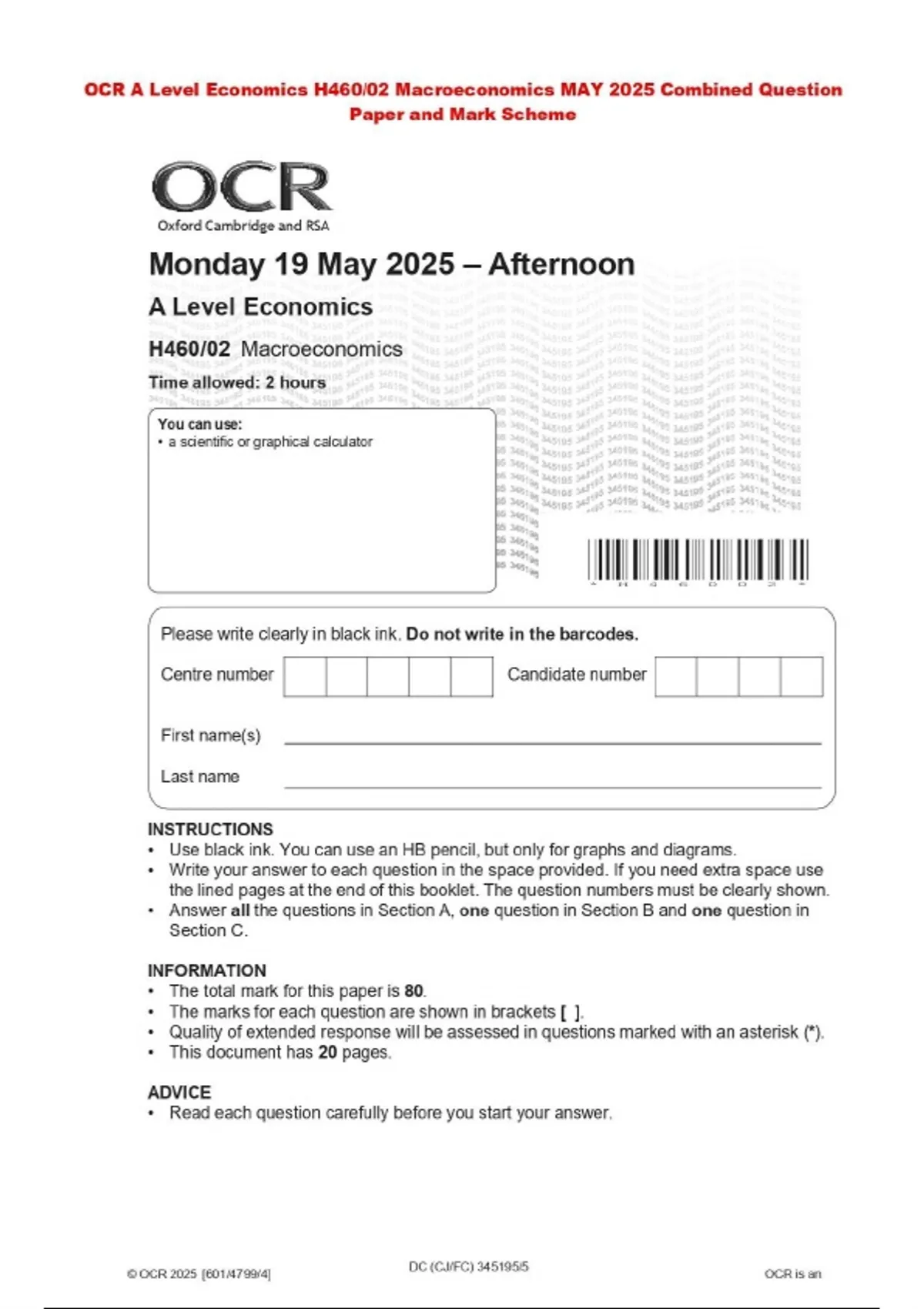 OCR A Level Economics H460/02 Macroeconomics MAY 2025 Combined Question ...