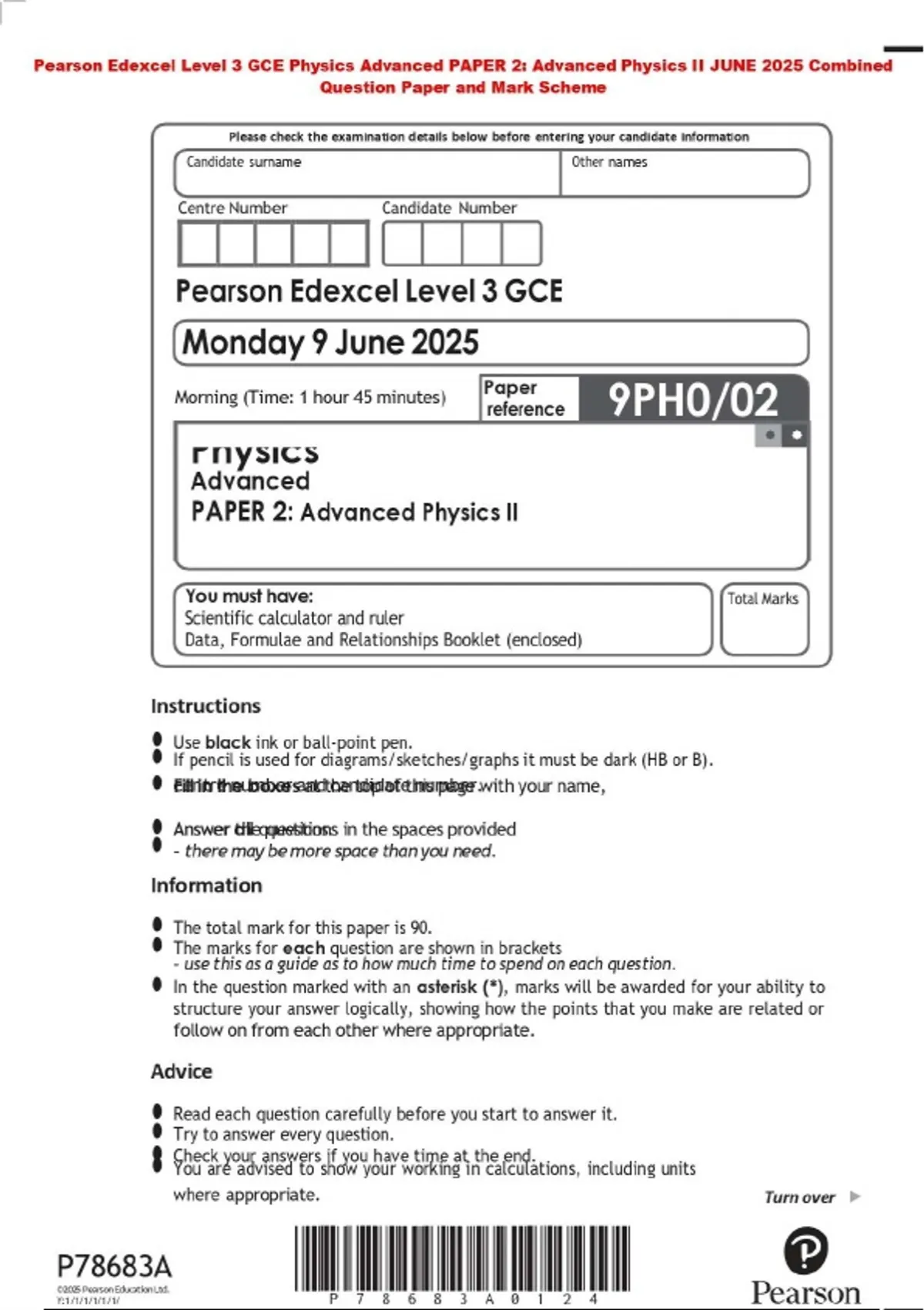 Pearson Edexcel Level 3 GCE Physics Advanced PAPER 2: Advanced Physics ...