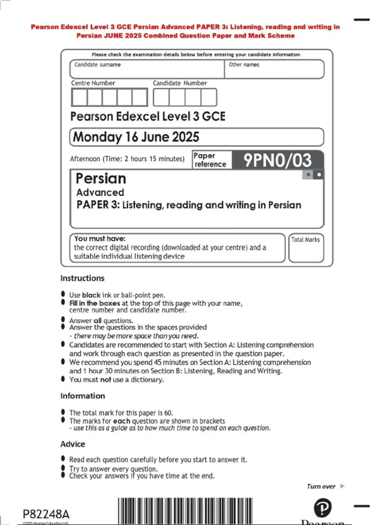 Pearson Edexcel Level 3 GCE Persian Advanced PAPER 3: Listening ...