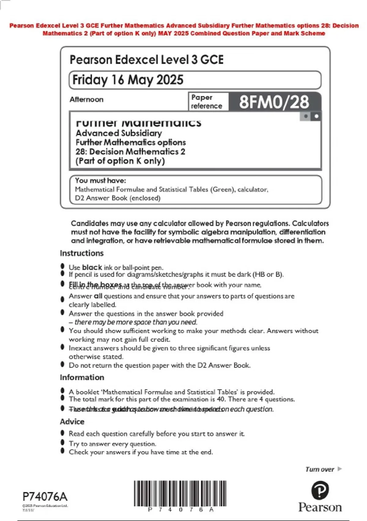 Pearson Edexcel Level 3 GCE Further Mathematics Advanced Subsidiary ...