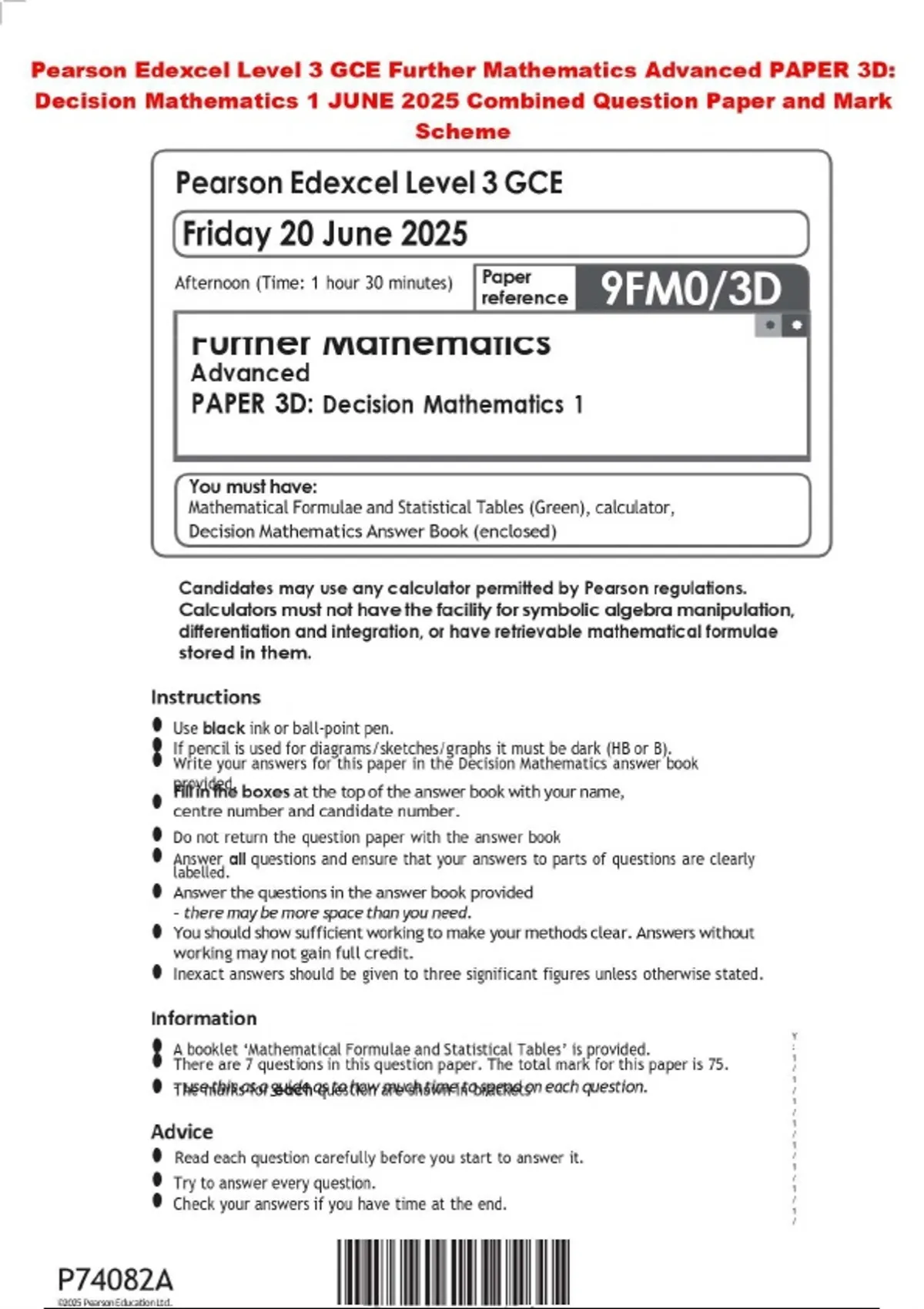 Pearson Edexcel Level 3 GCE Further Mathematics Advanced PAPER 3D ...
