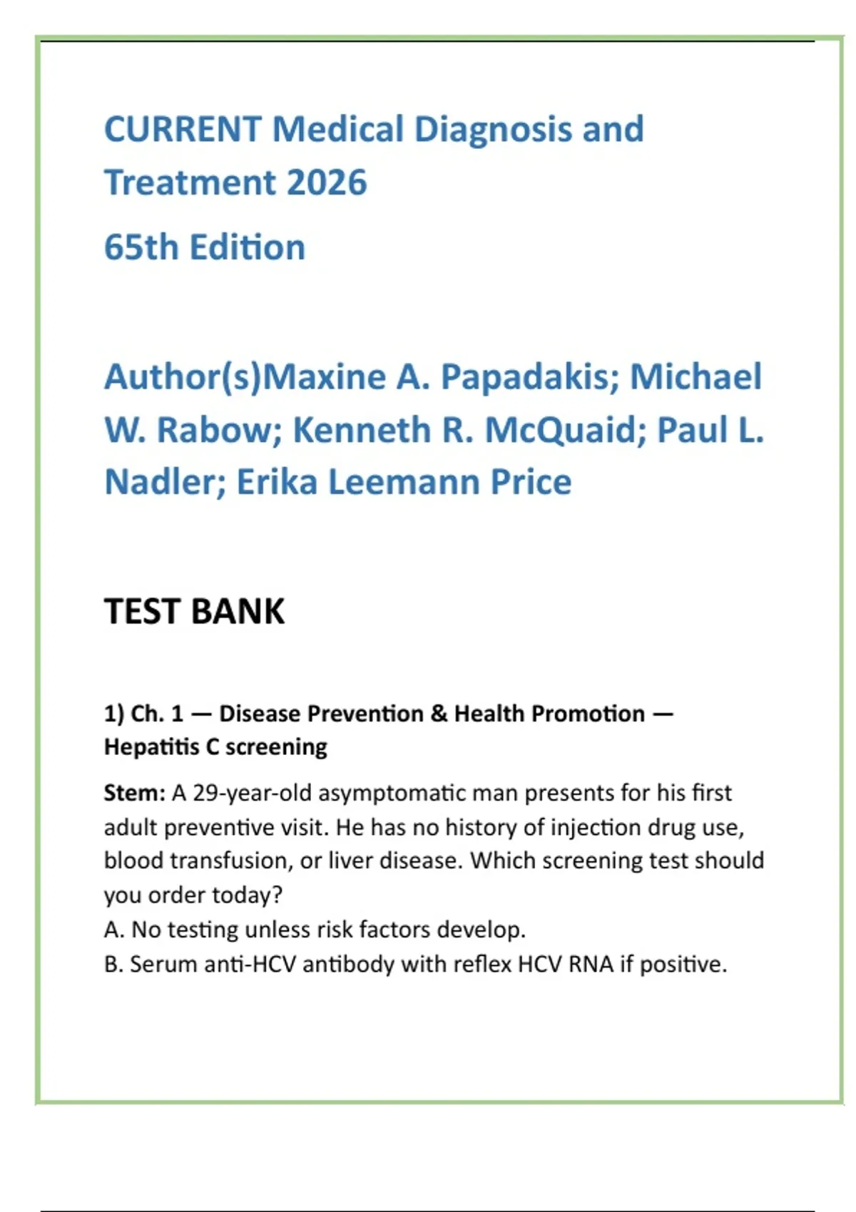 CURRENT Medical Diagnosis & Treatment Test Bank 2026 (65th Ed) | CMDT ...