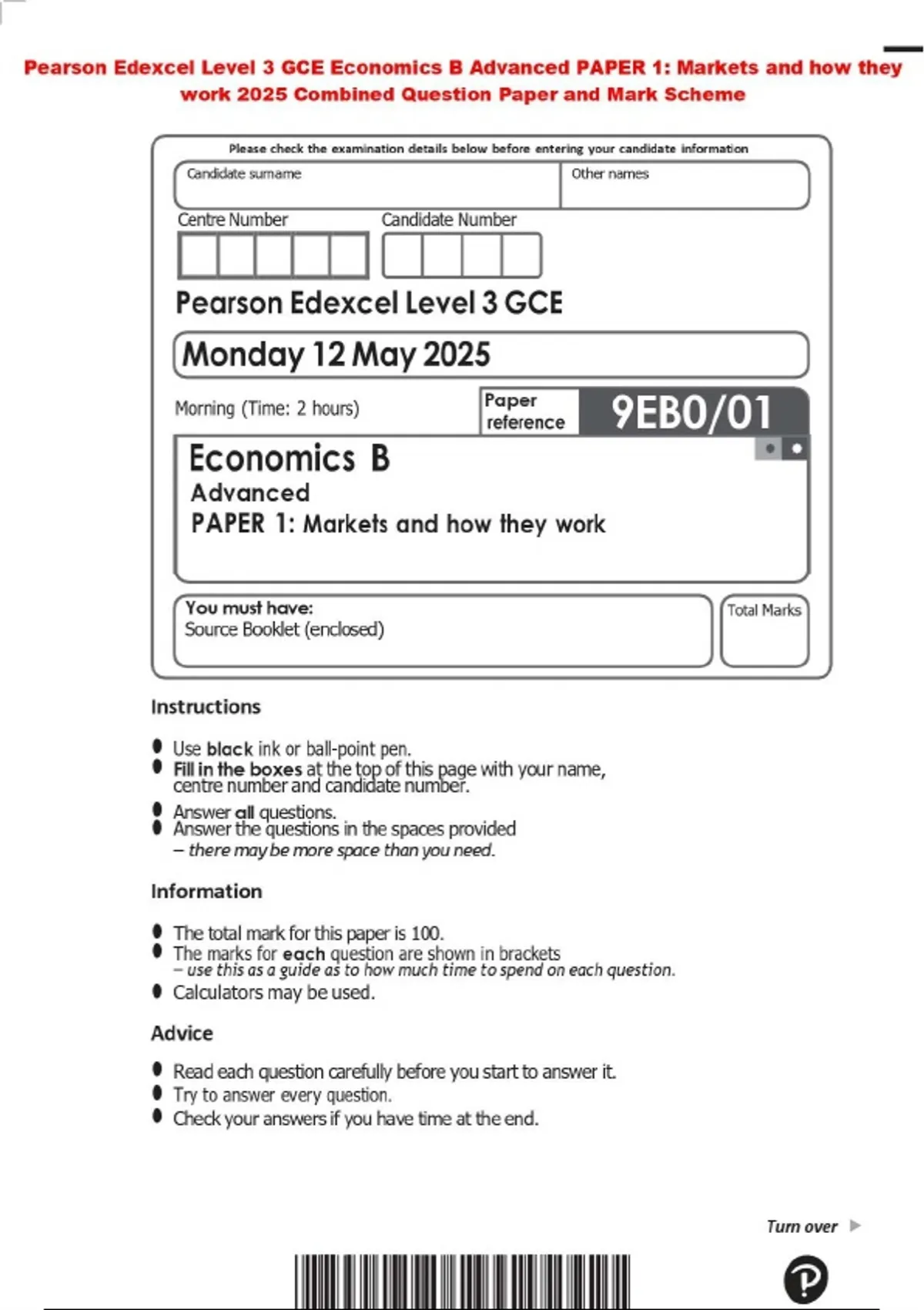 Pearson Edexcel Level 3 GCE Economics B Advanced PAPER 1: Markets and ...