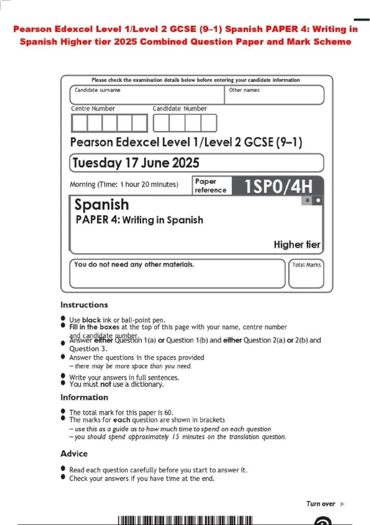 Pearson Edexcel Level 1/Level 2 GCSE (9–1) Spanish PAPER 4: Writing in ...
