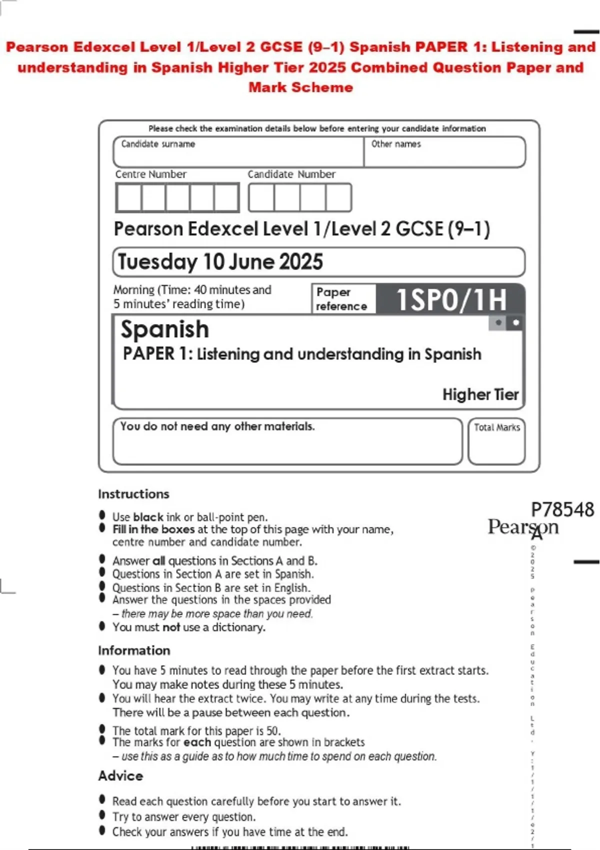 Pearson Edexcel Level 1/Level 2 GCSE (9–1) Spanish PAPER 1: Listening ...
