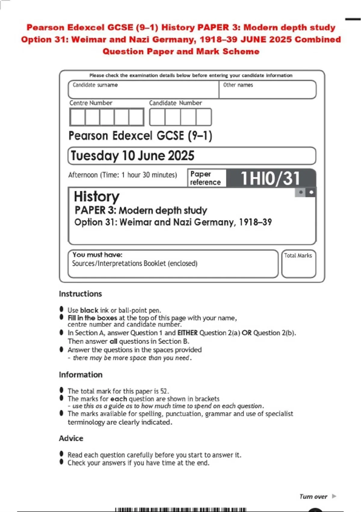 Pearson Edexcel GCSE (9–1) History PAPER 3: Modern depth study Option ...