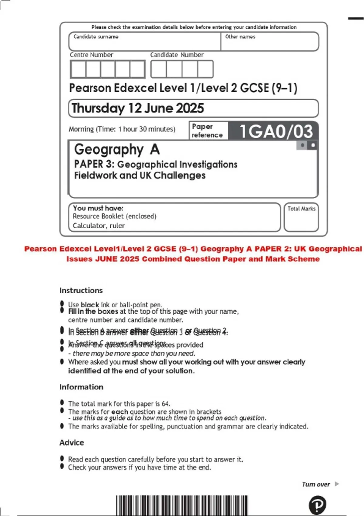 Pearson Edexcel Level1/Level 2 GCSE (9–1) Geography A PAPER 2: UK ...