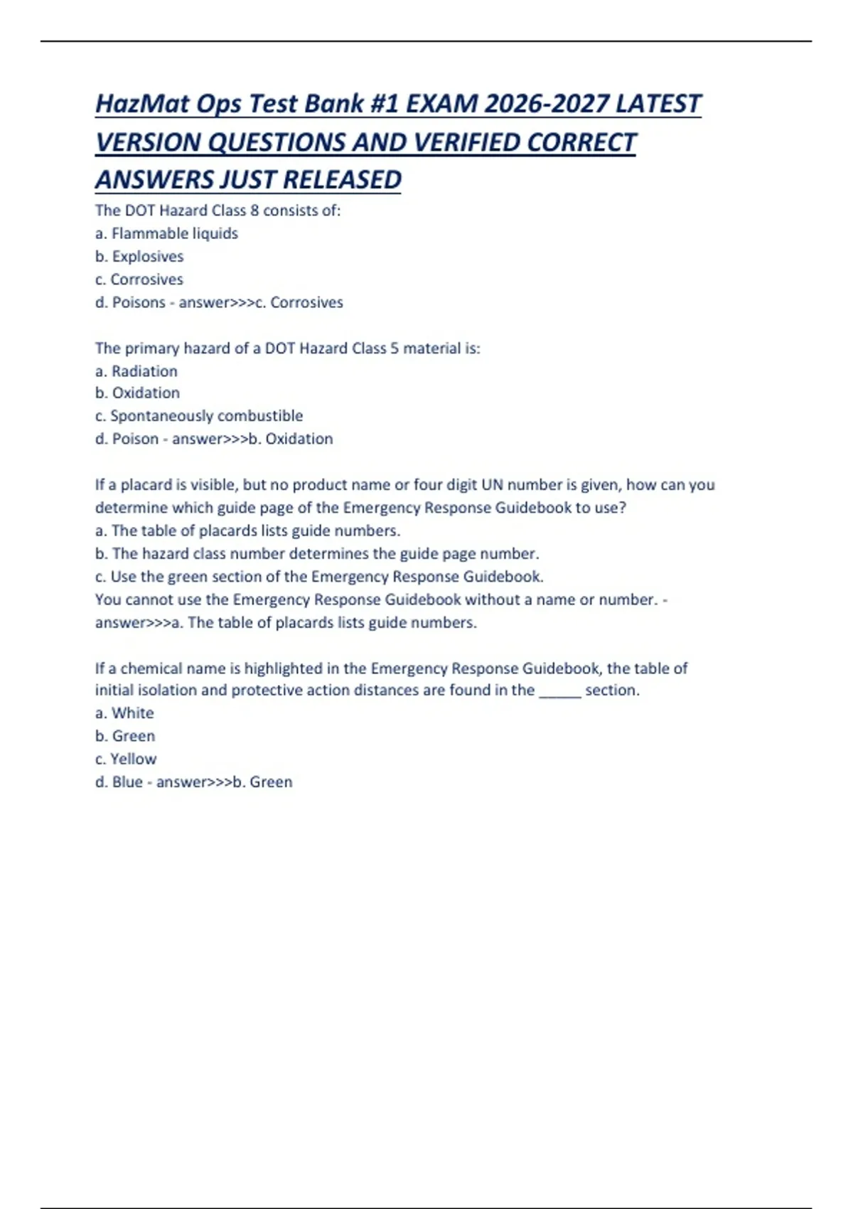 HazMat Ops- Complete Hazardous Materials Response Test Bank #1 EXAM ...