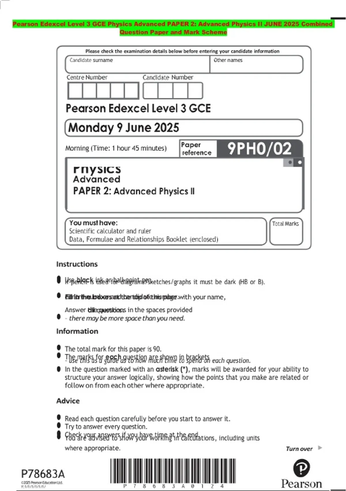 Pearson Edexcel Level 3 GCE Physics Advanced PAPER 2: Advanced Physics ...