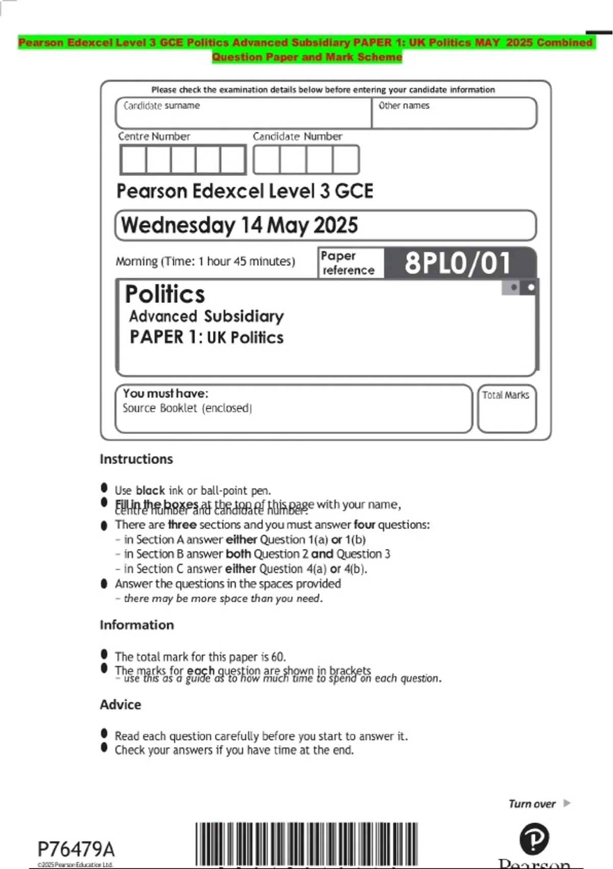 Pearson Edexcel Level 3 GCE Politics Advanced Subsidiary PAPER 1: UK ...