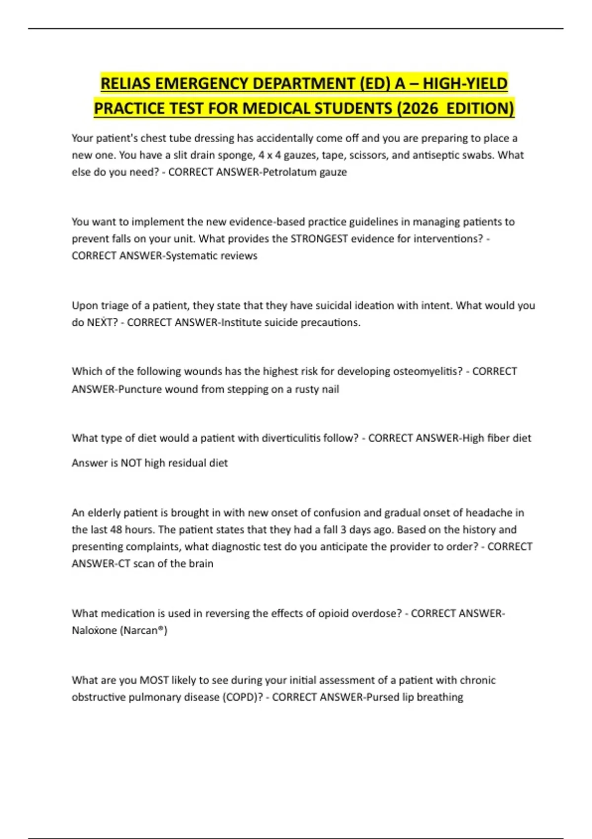 Relias Emergency Department (ED) A – High-Yield Practice Test for ...