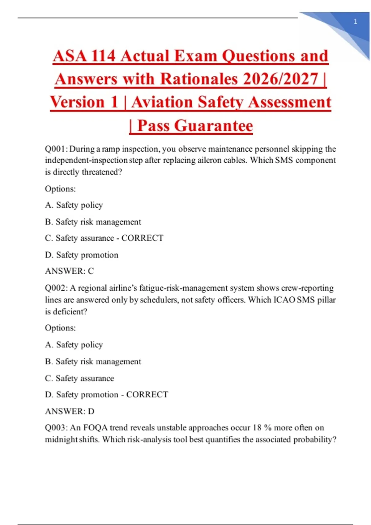 ASA 114 Actual Exam Questions and Answers with Rationales 2026/2027 ...