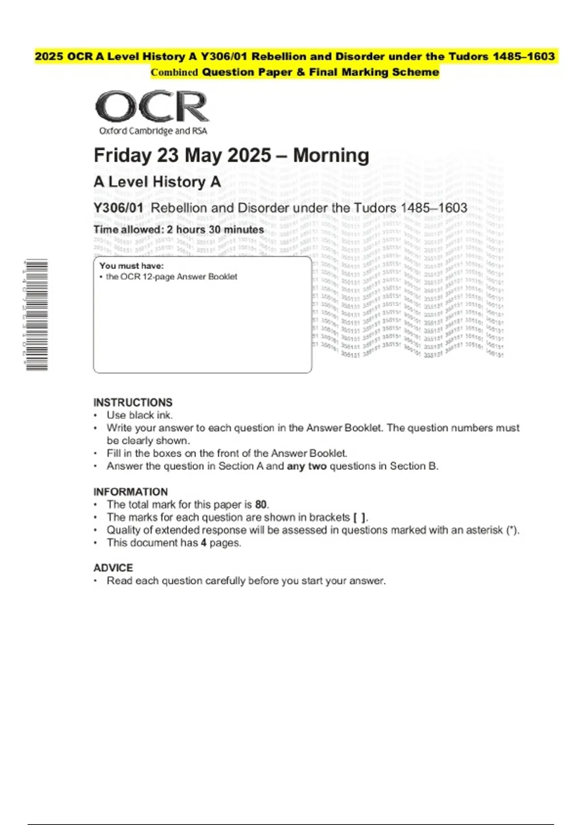 2025 OCR A Level History A Y306/01 Rebellion and Disorder under the ...