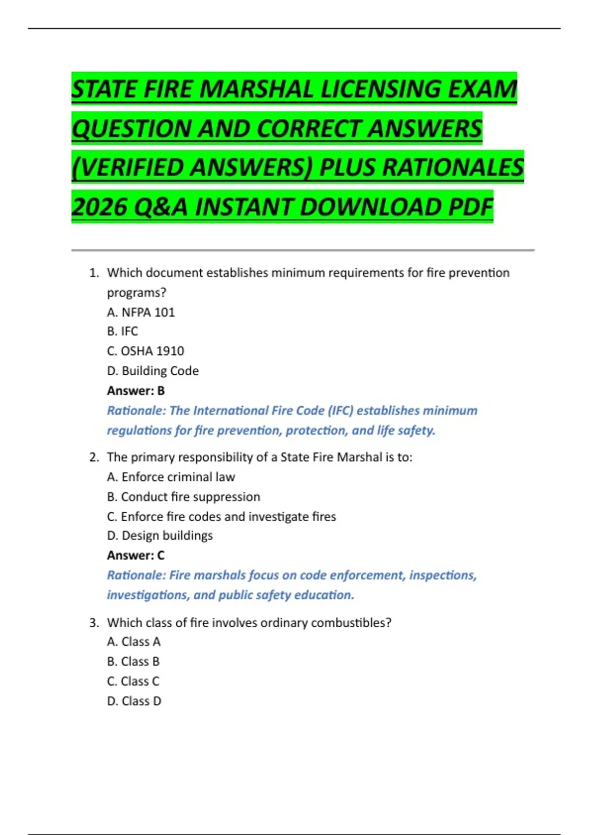 STATE FIRE MARSHAL LICENSING EXAM QUESTION AND CORRECT ANSWERS ...