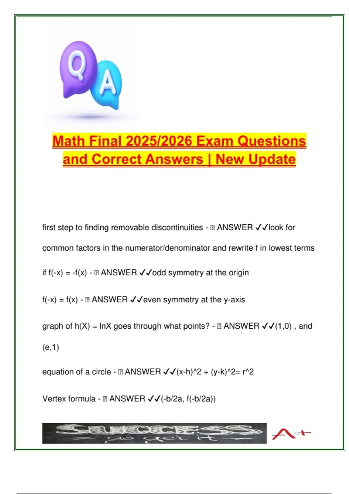 Math Final | 2025/2026 | Complete Set of Exam Questions with Correct ...