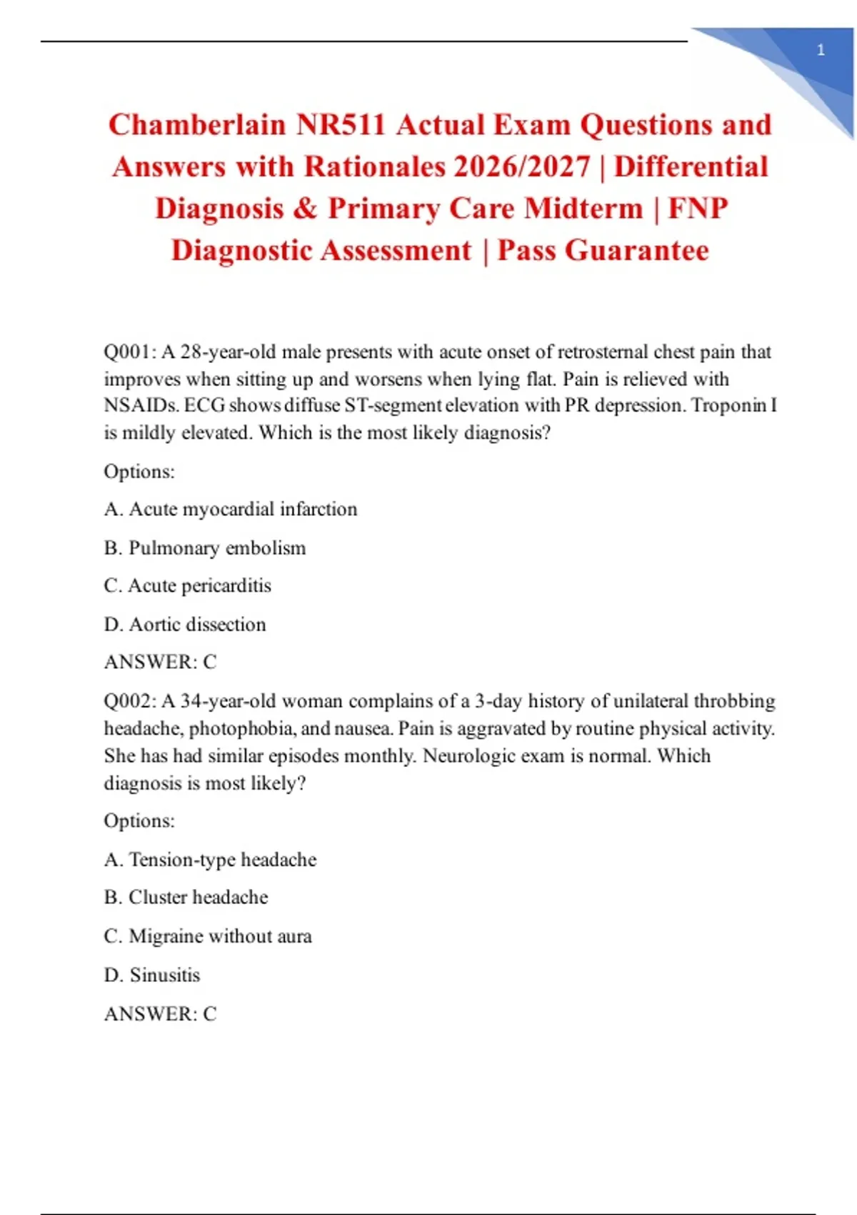 Chamberlain NR511 Actual Exam Questions and Answers with Rationales ...