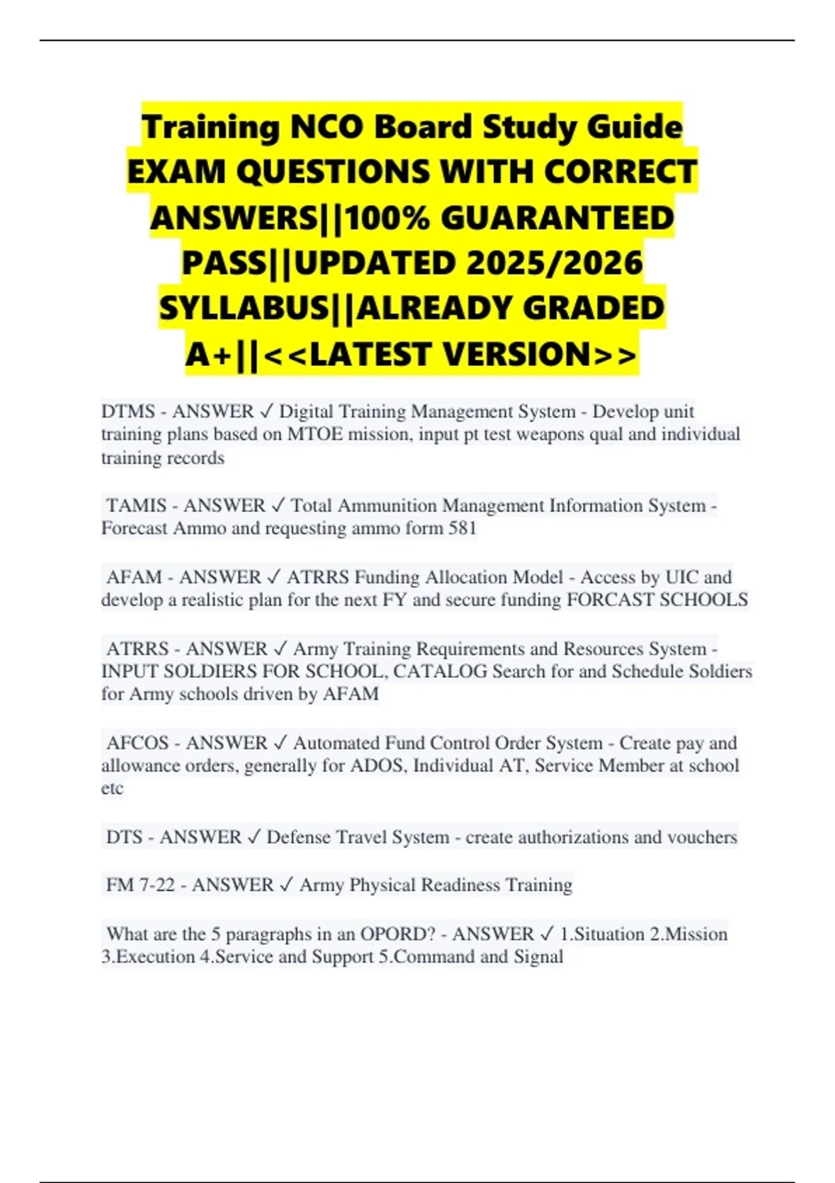 Training NCO Board Study Guide EXAM QUESTIONS WITH CORRECT ANSWERS||100 ...