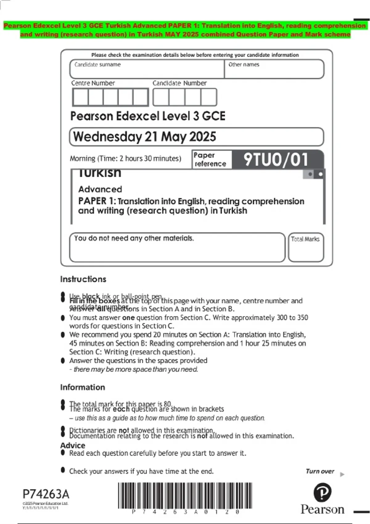 BUNDLE:::Pearson Edexcel Level 3 GCE Turkish Advanced PAPER 2025 ...