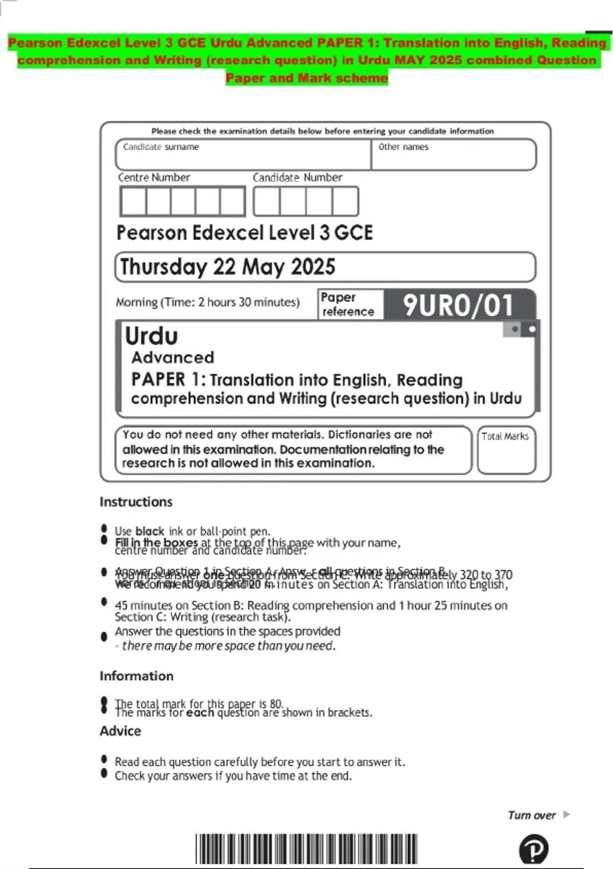 Pearson Edexcel Level 3 GCE Urdu Advanced PAPER 1: Translation into ...