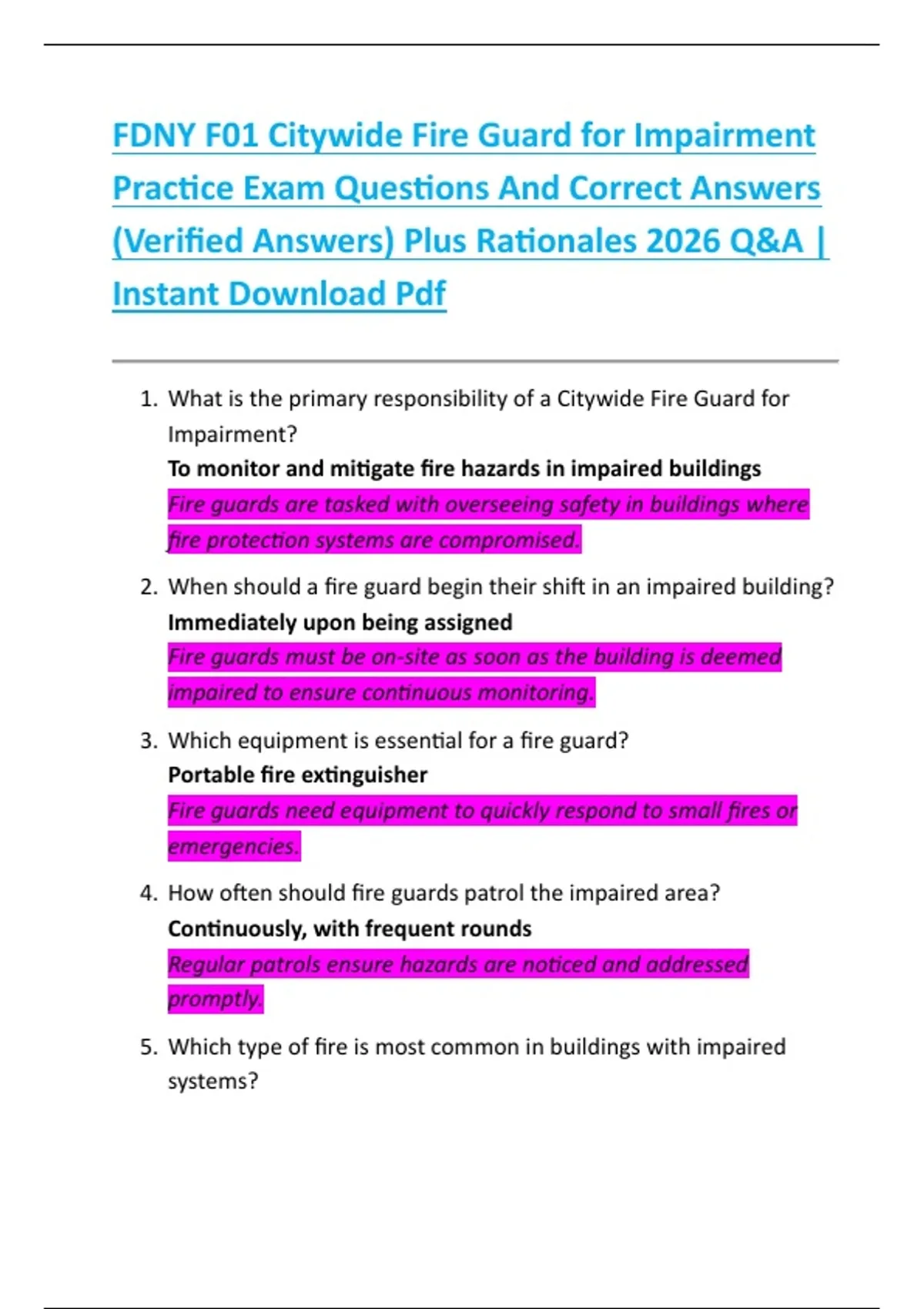 FDNY F01 Citywide Fire Guard for Impairment Practice Exam Questions And ...