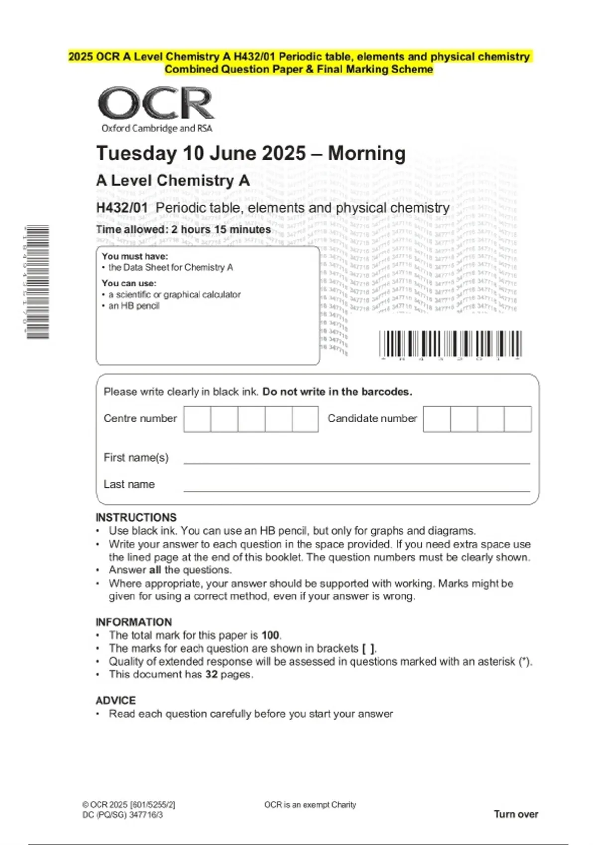 2025 OCR A Level Chemistry A H432/01 Periodic table, elements and ...