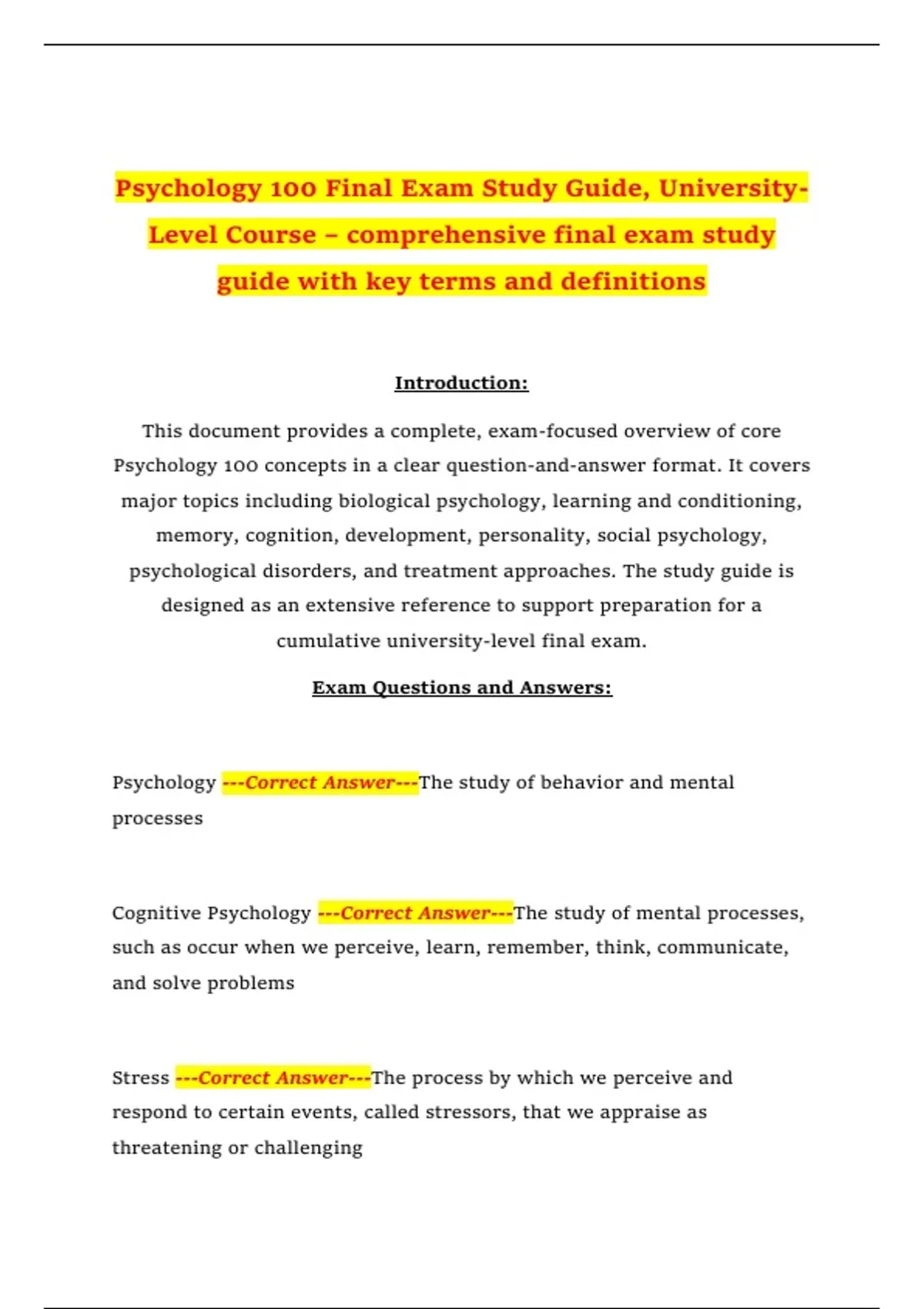 Psychology 100 Final Exam Study Guide, University-Level Course ...