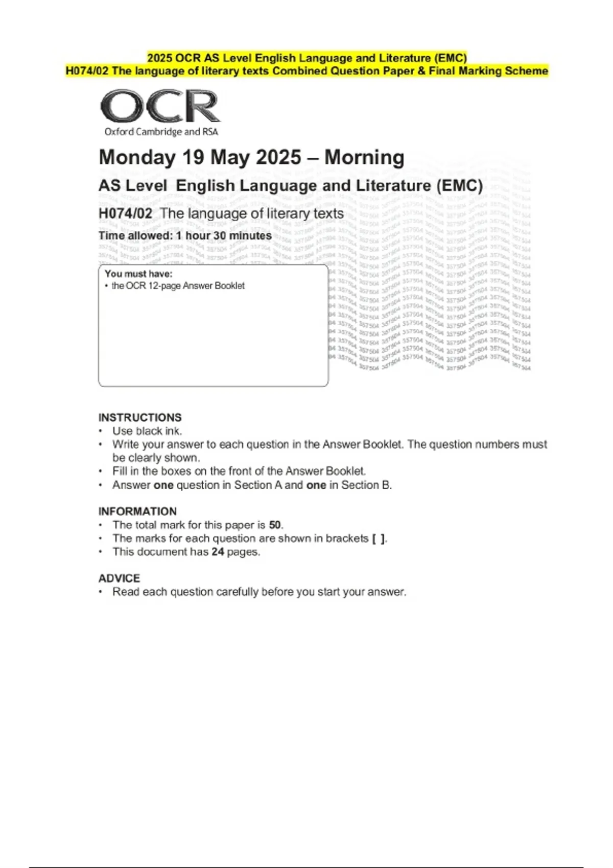 2025 OCR AS Level English Language and Literature (EMC) H074/02 The ...