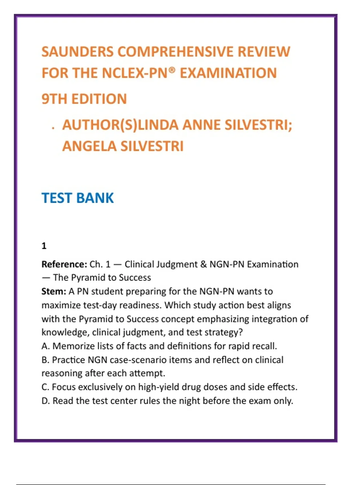 Saunders NCLEX-PN® Test Bank 9th Edition | Silvestri Q&A Rationale | PN ...