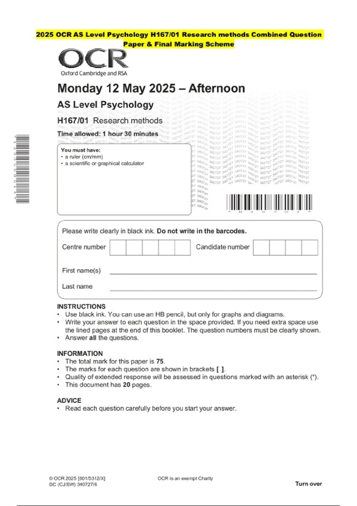 2025 OCR AS Level Psychology H167/01 Research methods Combined Question Paper & Final Marking ...