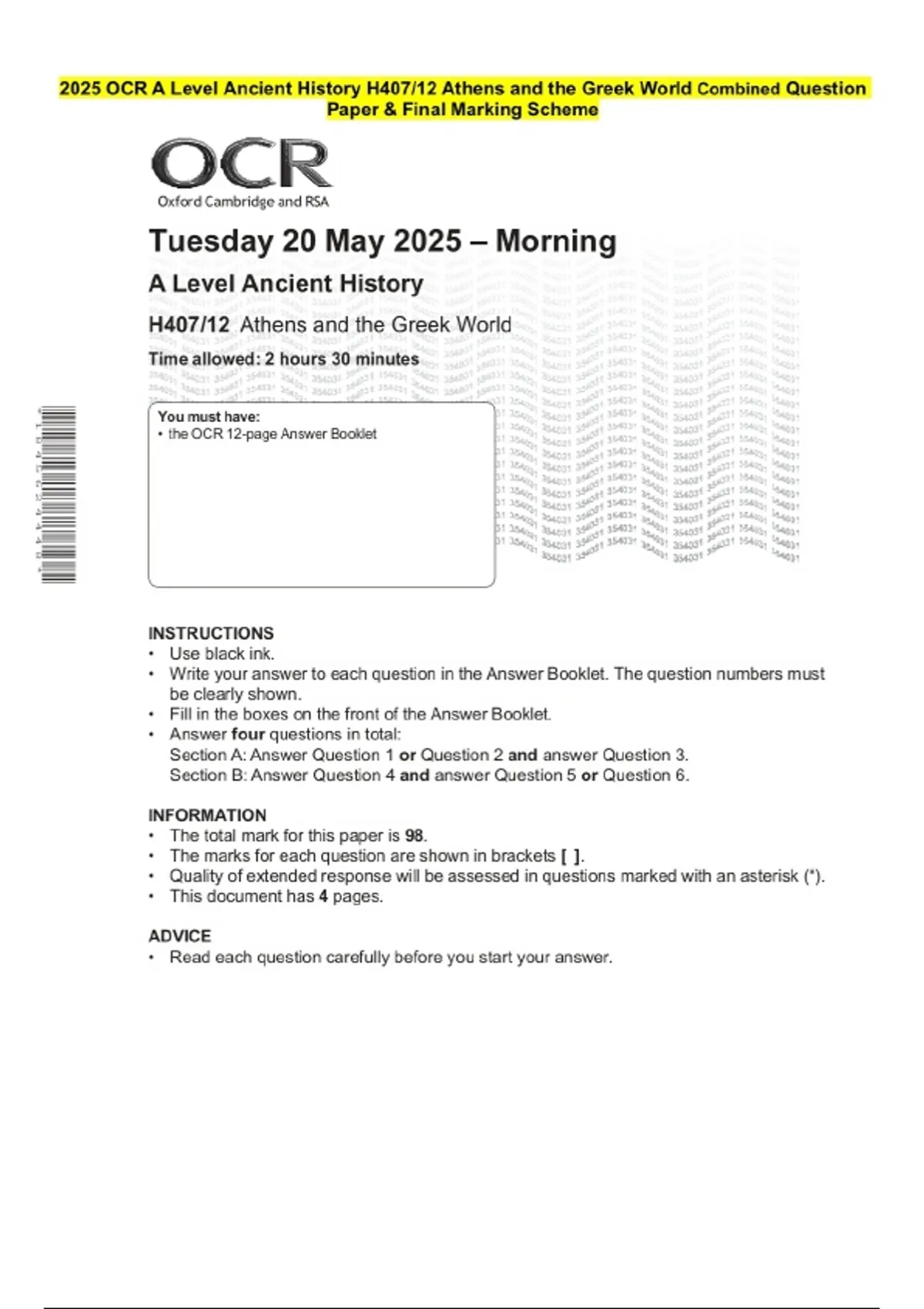 2025 OCR A Level Ancient History H407/12 Athens and the Greek World ...