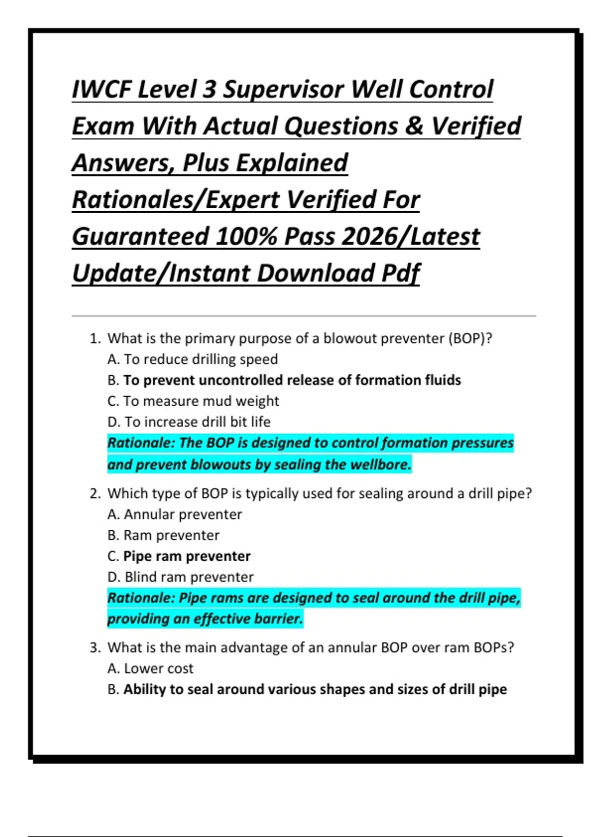 IWCF Level 3 Supervisor Well Control Exam With Actual Questions ...