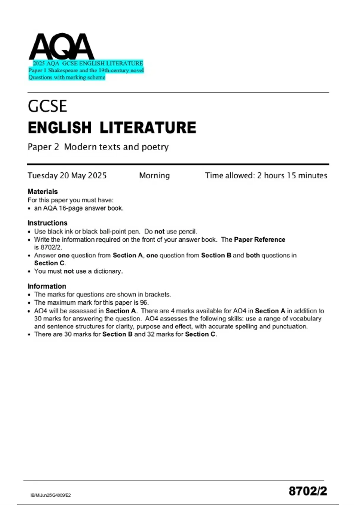2025 AQA GCSE ENGLISH LITERATURE Paper 1 Shakespeare and the 19th ...