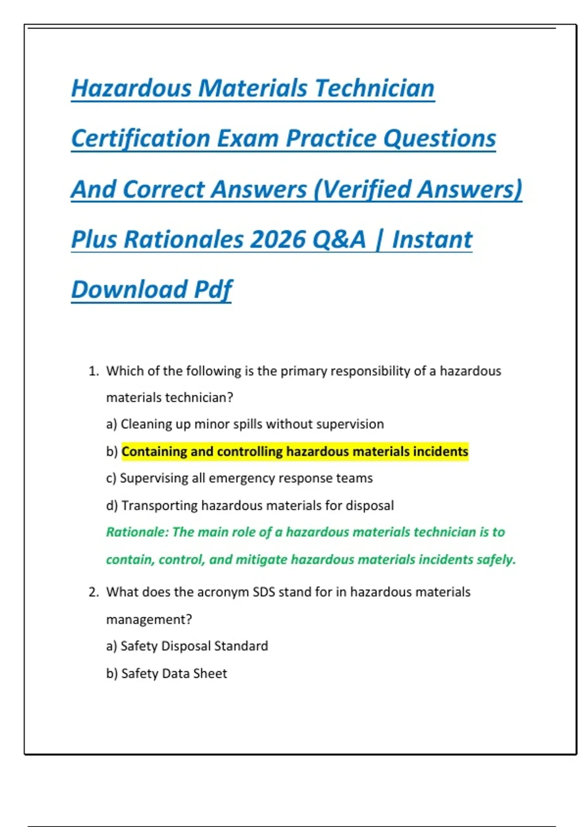 Hazardous Materials Technician Certification Exam Practice Questions ...