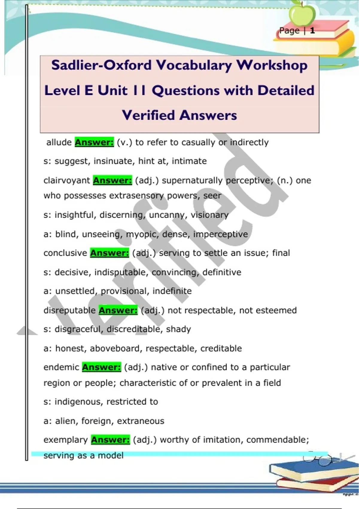 Sadlier-Oxford Vocabulary Workshop Level E Unit 11 Questions with ...