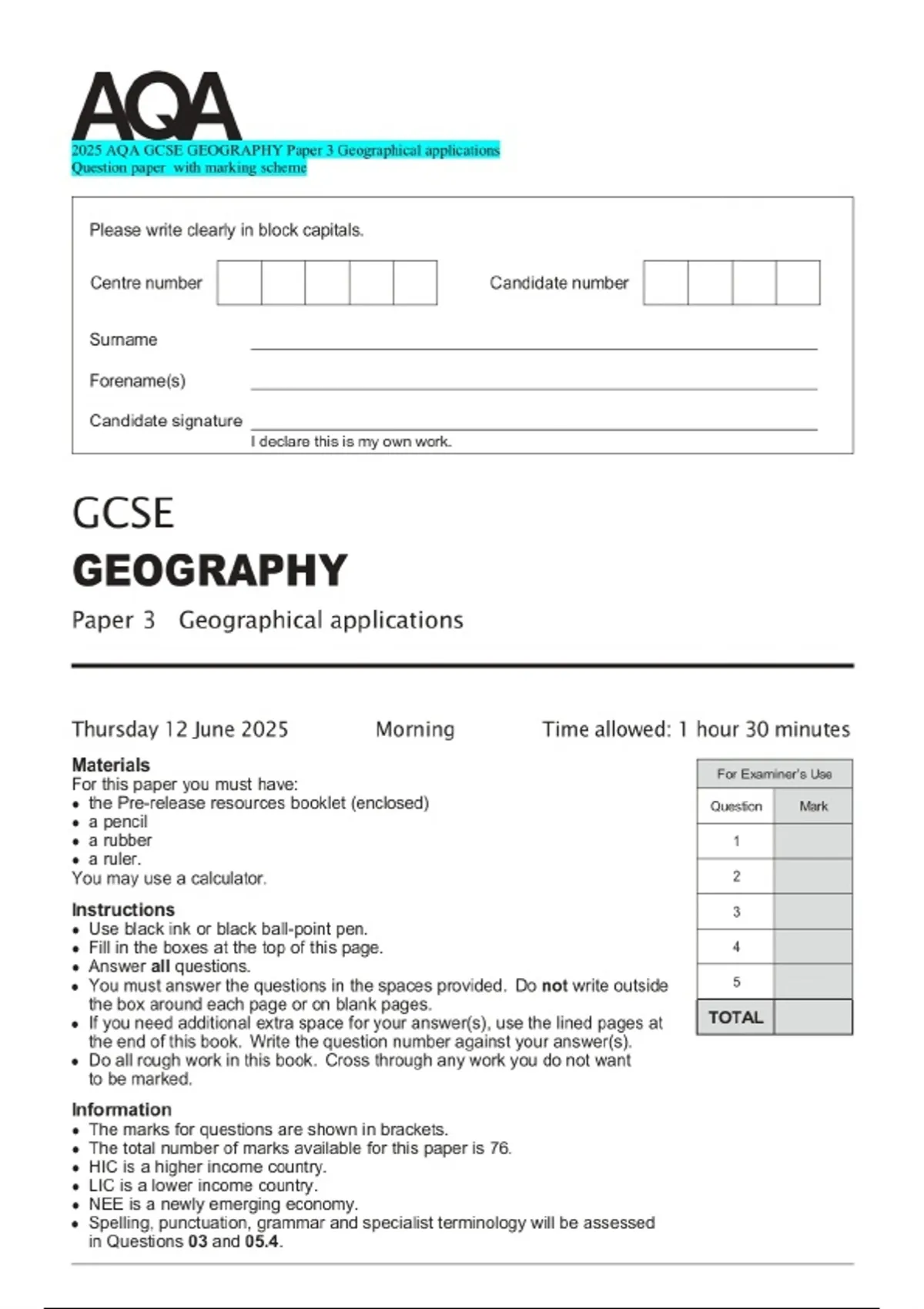2025 AQA GCSE GEOGRAPHY Paper 3 Geographical applications Question ...