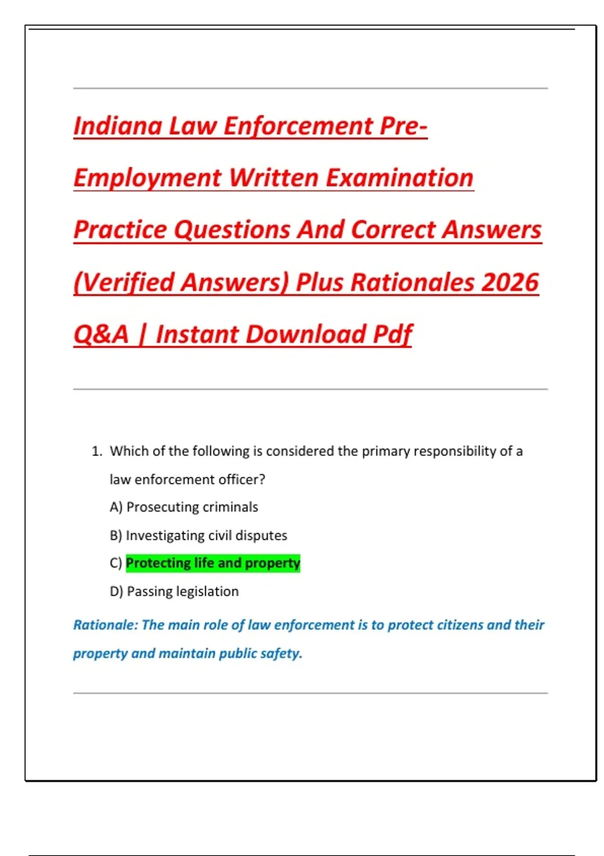 Indiana Law Enforcement Pre Employment Written Examination Practice ...