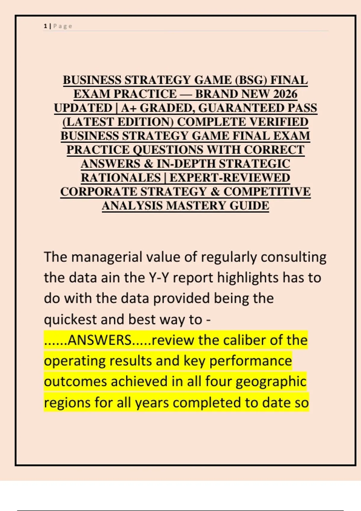 BUSINESS STRATEGY GAME (BSG) FINAL EXAM PRACTICE — BRAND NEW 2026 ...